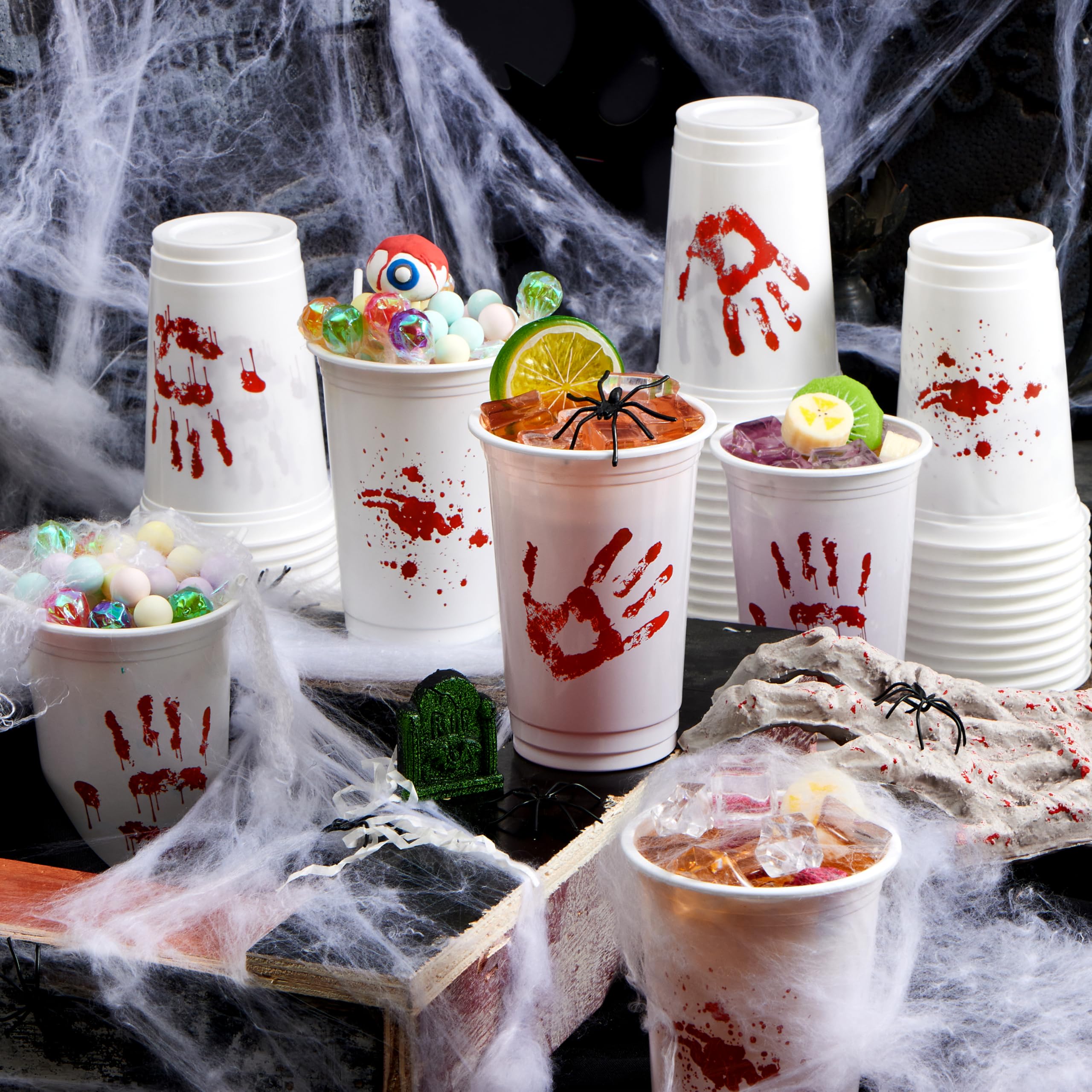 JOYIN 50 PCS Halloween Blood Print Cups Disposable, 12oz Hand Print Plastic Cups bulk, Party Favors for Party Supplies, Halloween Cups for Kids Party Decoration, Coffee, Juice Beverages Drinkware