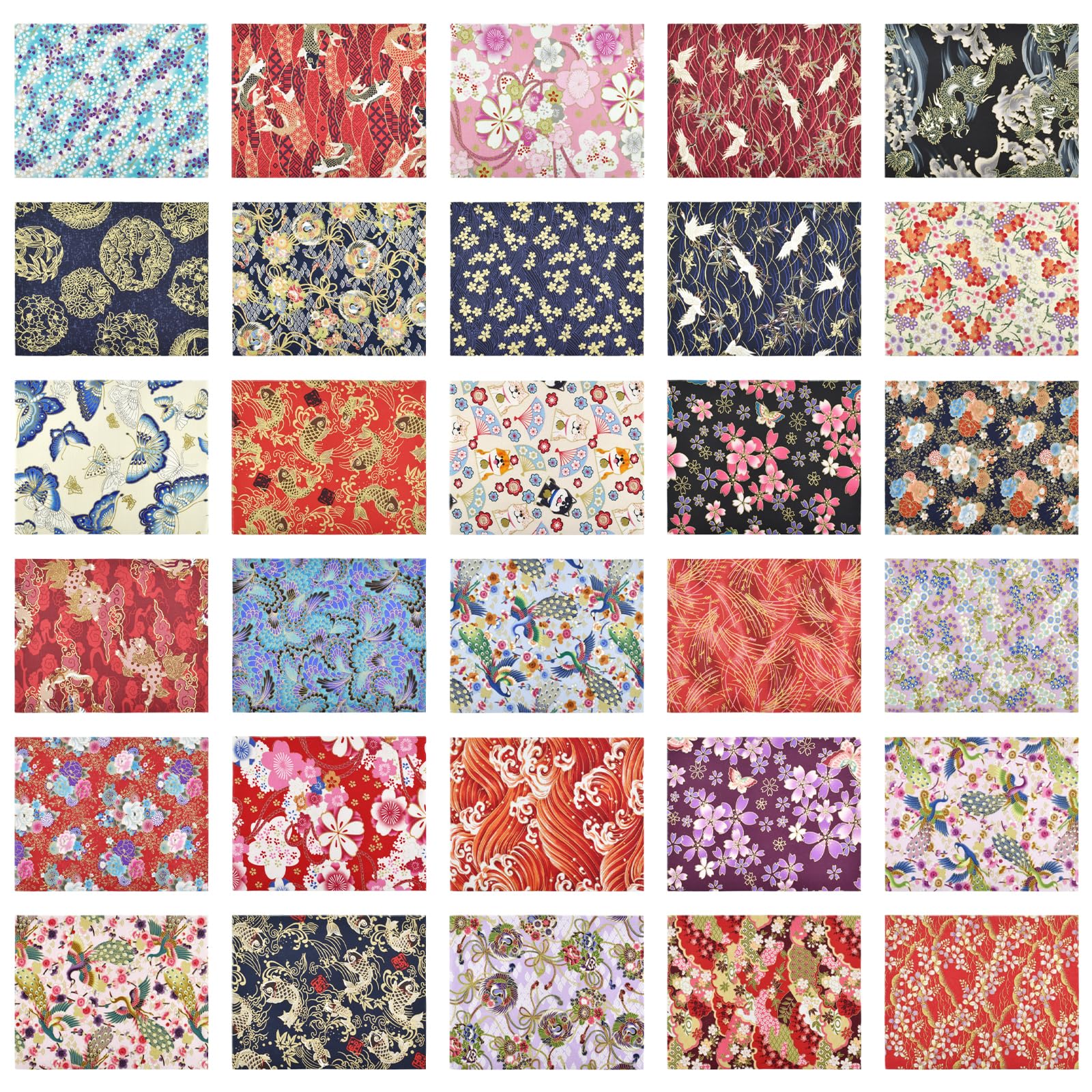 SHRJ 30Pcs 8"x 10" Fat Fabric Square Quilting Cotton Pre-Cut Bundles Japanese Style Floral Dragon Butterfly Common Carp Design for Patchwork DIY Sewing Craft Decorating Scrapbook