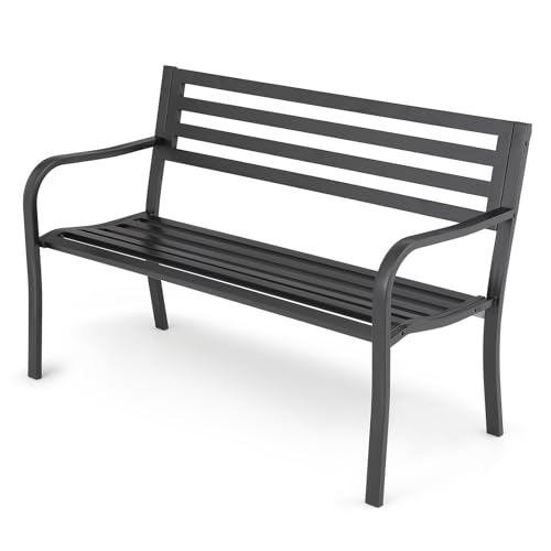 Athena Collection 50" Garden Bench Outdoor Patio Bench with Backrest, Cast Iron Metal Frame Porch Bench Park Farmhouse Bench Weatherproof Furniture for Backyard Lawn Garden Entryway, Black