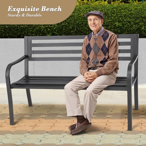 Athena Collection 50" Garden Bench Outdoor Patio Bench with Backrest, Cast Iron Metal Frame Porch Bench Park Farmhouse Bench Weatherproof Furniture for Backyard Lawn Garden Entryway, Black