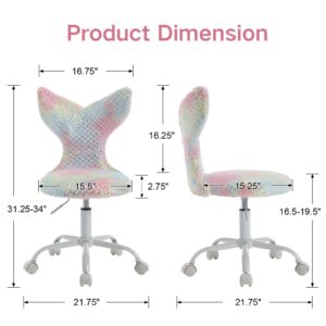 DAYALANE Faux Fur Kids Desk Chair with Wheels, Cute Mermaid Chair Armless Adjustable Task Office Chair, Upholstered Vanity Chair for Girls Teen Study Chair Swivel Chair, Light Rainbow