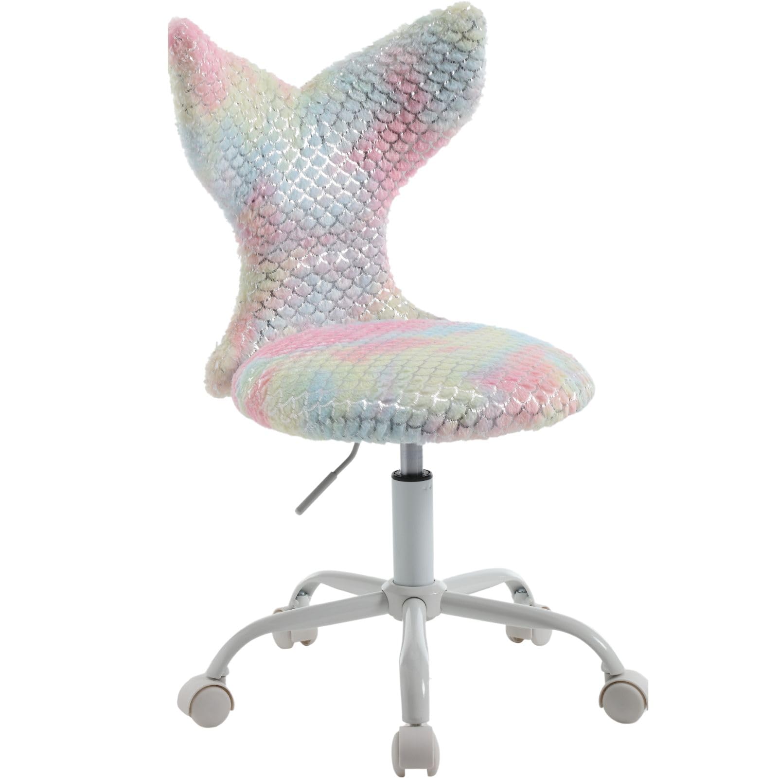 DAYALANE Faux Fur Kids Desk Chair with Wheels, Cute Mermaid Chair Armless Adjustable Task Office Chair, Upholstered Vanity Chair for Girls Teen Study Chair Swivel Chair, Light Rainbow