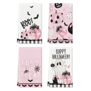 artoid mode pink pumpkins ghost boo happy halloween kitchen towels dish towels, 18x26 inch trick or treat decoration hand towels set of 4