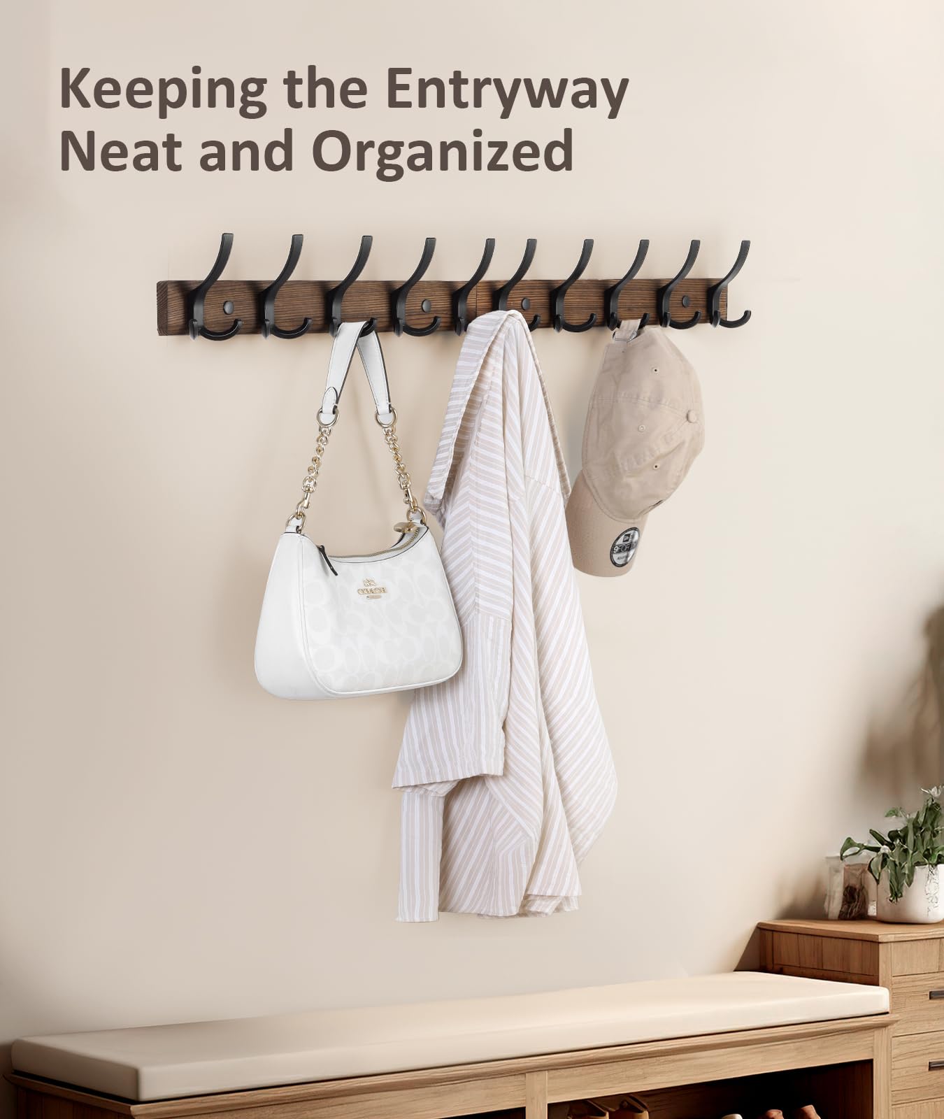 Optish Coat Rack Wall Mount for Entryway, Coat Hanger Wall Mount with 5 Black Tri-Hooks, Wooden Wall Coat Rack with Hooks for Coats, Hats, Towels, Umbrellas,2 Pack