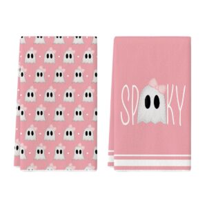 artoid mode pink ghost spooky halloween kitchen towels dish towels, 18x26 inch bow knot decoration hand towels set of 2