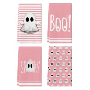 artoid mode pink stripes ghost boo spooky halloween kitchen towels dish towels, 18x26 inch bow knot decoration hand towels set of 4