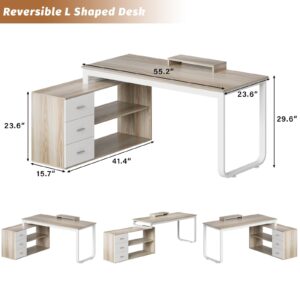 HOMBCK Home Office Computer Desk with 3 Drawers and Storage Shelves, 55 Inch Large L Shaped Desk with Drawers & Removable Monitor Stand, Reversible Corner Desk for Working, Studying, Walnut and White