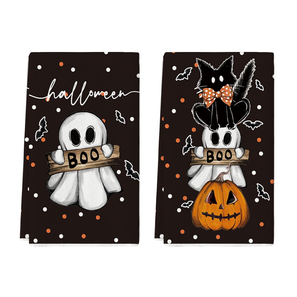 Artoid Mode Black Cat Pumpkin Ghost Halloween Kitchen Towels Dish Towels, 18x26 Inch Bats Jack-O'-Lantern Decoration Hand Towels Set of 2