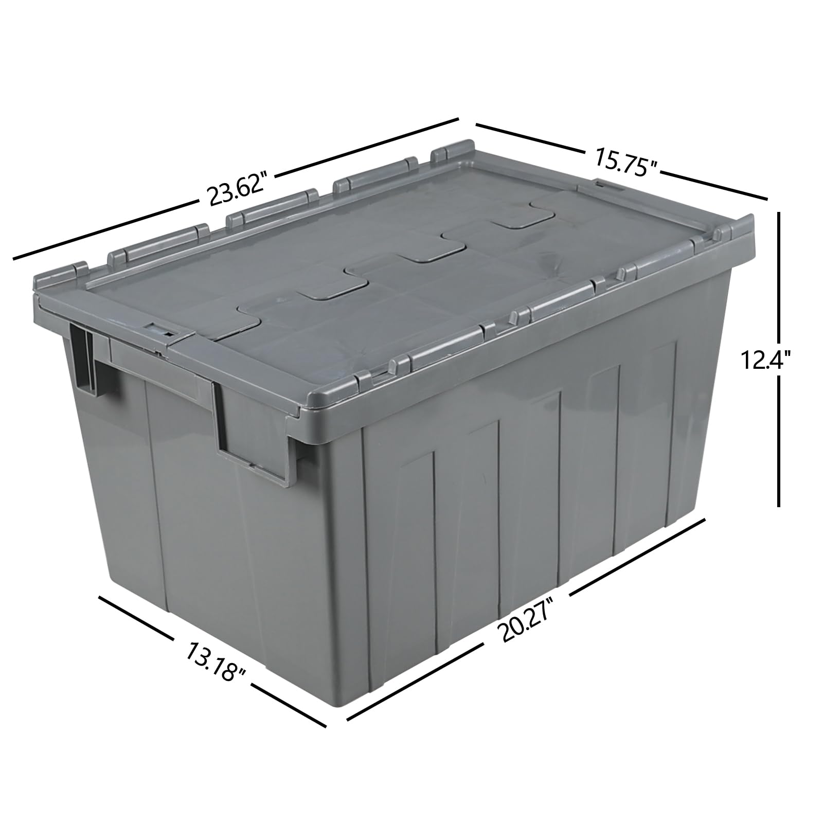 Qqbine 4 Packs 15 Gallon Heavy-Duty Flip Top Plastic Storage Bins, Commercial Plastic Storage Tote with Attached Lid, Gray