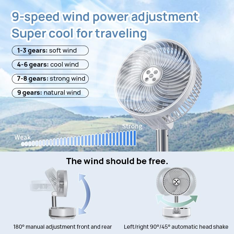 Onnilife 8 inch Portable Fan-Battery Operated Fan, Oscillating Rechargeable Fan with 20000mAh, Remote Control LED Lights, 72HR Run Time, Outdoor Portable Foldable Fan for Camping＆travel (White