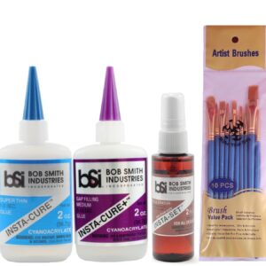 Bob Smith Industries Cyanoacrylate Super Glue Bundle, Insta-Cure, Insta-Cure+, and Insta-Set Accelerator (Pack of 3) - Bundled with Make Your Day Paintbrushes