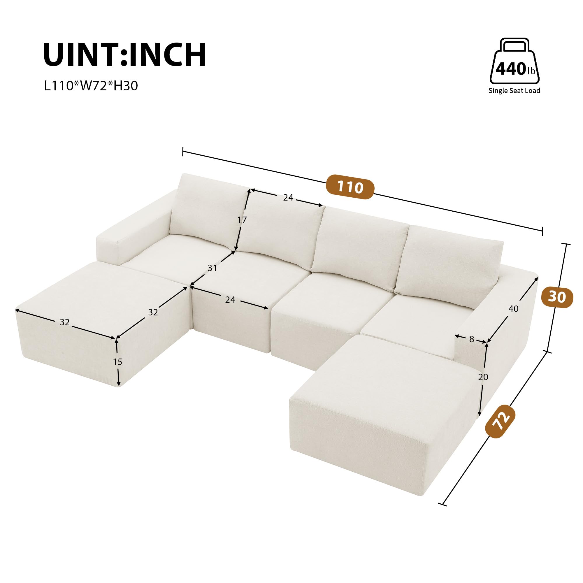 HUMEHA Cloud Modular Sectional Sofa,110" Luxury Chenille Couch Comfy Convertible U-Shaped Sofa with Deep Seat, 4 PC Free Combination Couch Minimalist Floor Sofa for Living Room Apartment, Beige