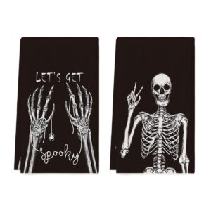 artoid mode skeleton hand spooky halloween kitchen towels dish towels, 18x26 inch bones let's get decoration hand towels set of 2