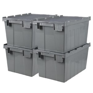 sosody 4 packs 15 gallon heavy duty plastic stackable storage bin tote, gray plastic distribution container with hinged lid