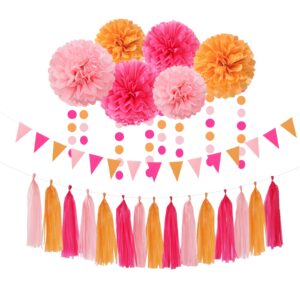 hot-pink burnt-orange fall party decorations - 23pcs birthday baby shower tissue pom poms streamers,sunset autumn thanksgiving tassel garland banner,bridal wedding graduation decor backdrop ouruola