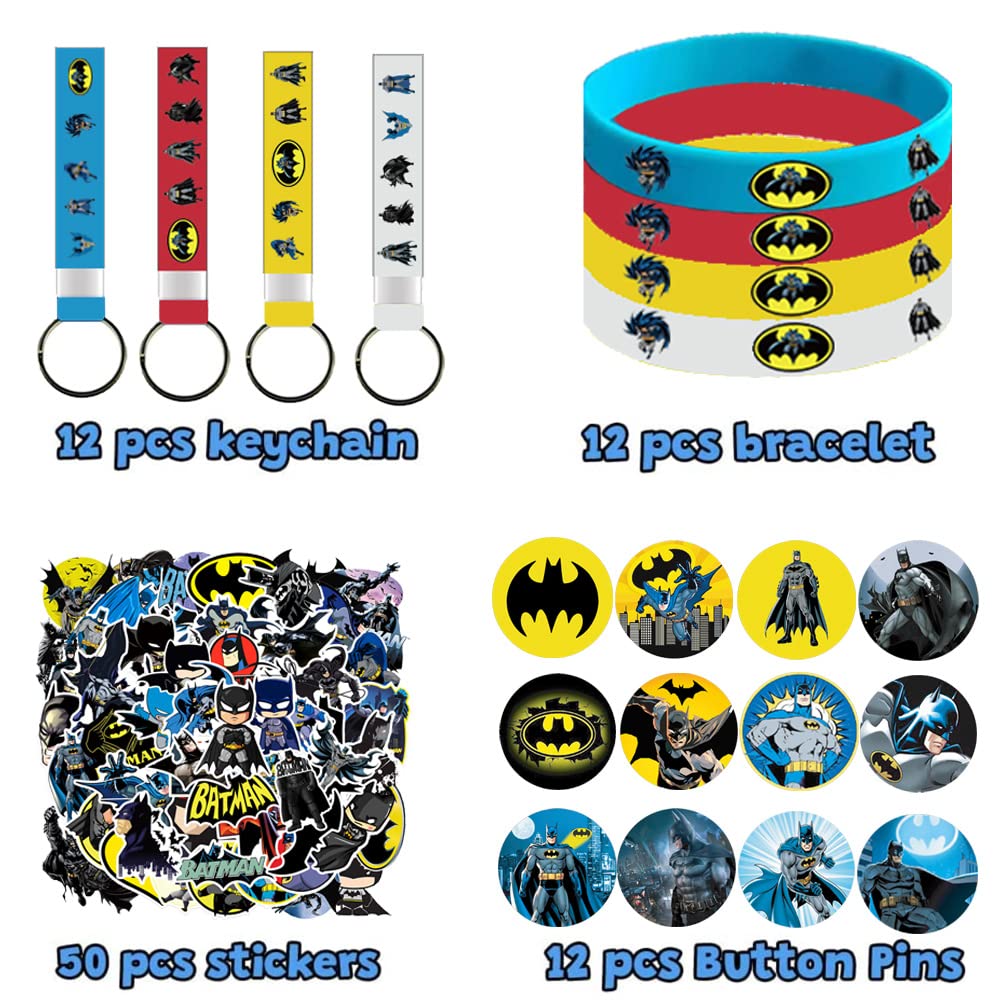 GOTOFUN Bat Party Supplies Decorations, 86 Pack Party Favors Set Include 12 Bracelets, 12 Button Pins, 12 Key Chains, 50 Stickers for bat Theme Party Gifts