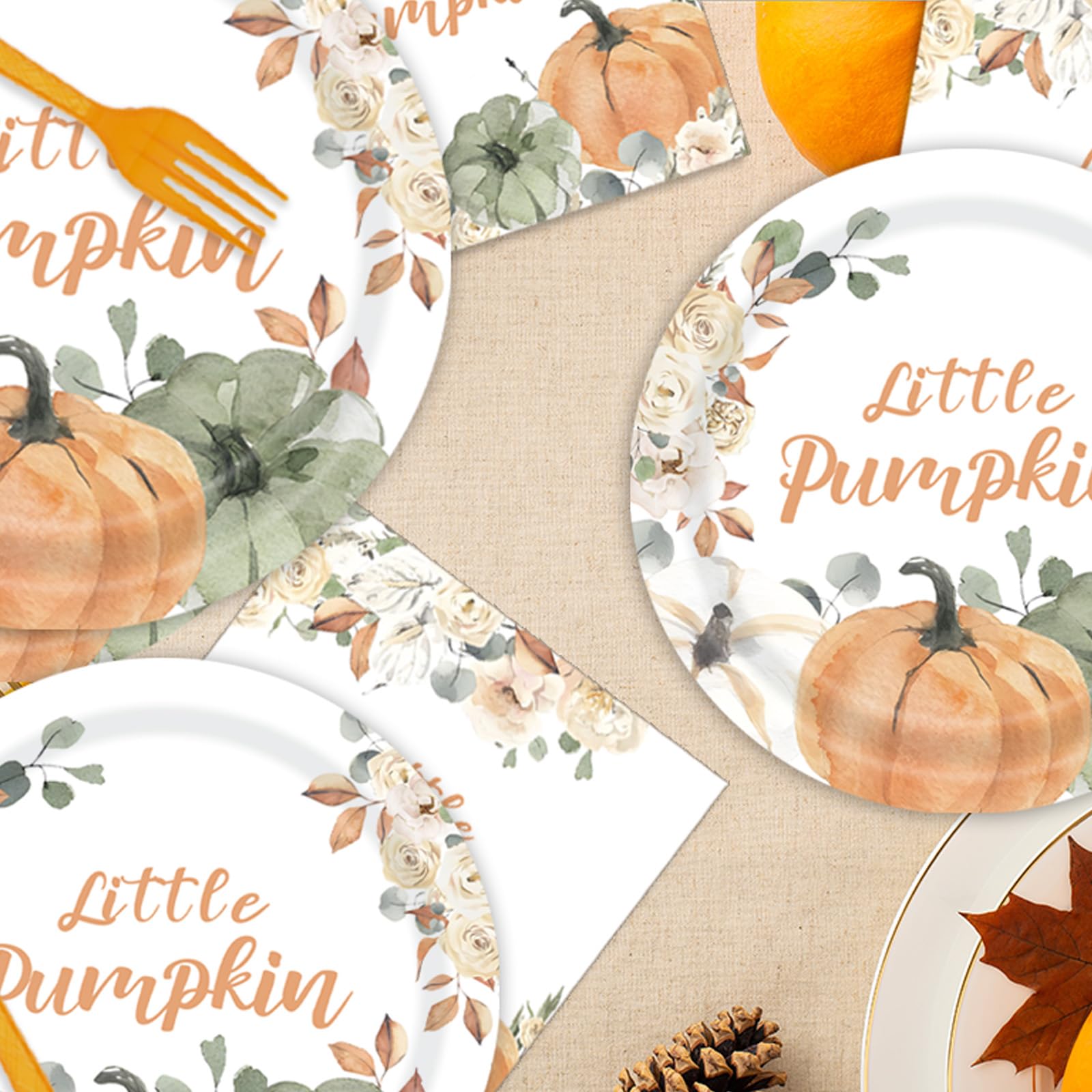 96 PCS Little Pumpkin Baby Shower Tableware Sets Party Decorations Fall Autumn Pumpkin Paper Plates Napkins Forks Pumpkin Floral Birthday Party Supplies for 24 Guests