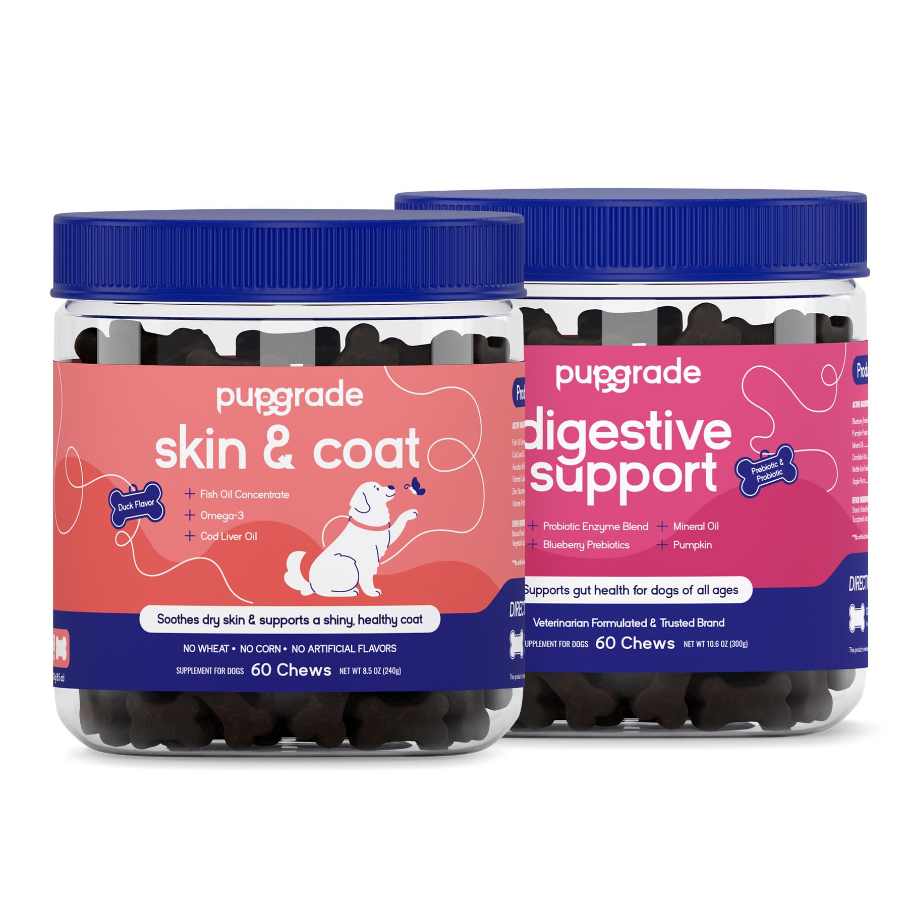 PupGrade 2-Pack Skin & Coat and Digestive Chews for Dogs - Coat Care & Allergy Defense Supplement with Natural Fish Oils - Prebiotic and Probiotic Supplement with Enzyme Blend - 120 Chews