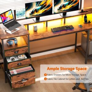 Furologee Computer Desk with 4 Drawers, 60" Office Long Desk with Fabric File Cabinet and Power Outlets, Gaming Desk with LED Lights, Study Writing Work Desk for Home Office, Rustic Brown