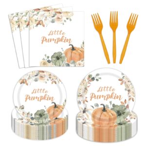 96 pcs little pumpkin baby shower tableware sets party decorations fall autumn pumpkin paper plates napkins forks pumpkin floral birthday party supplies for 24 guests