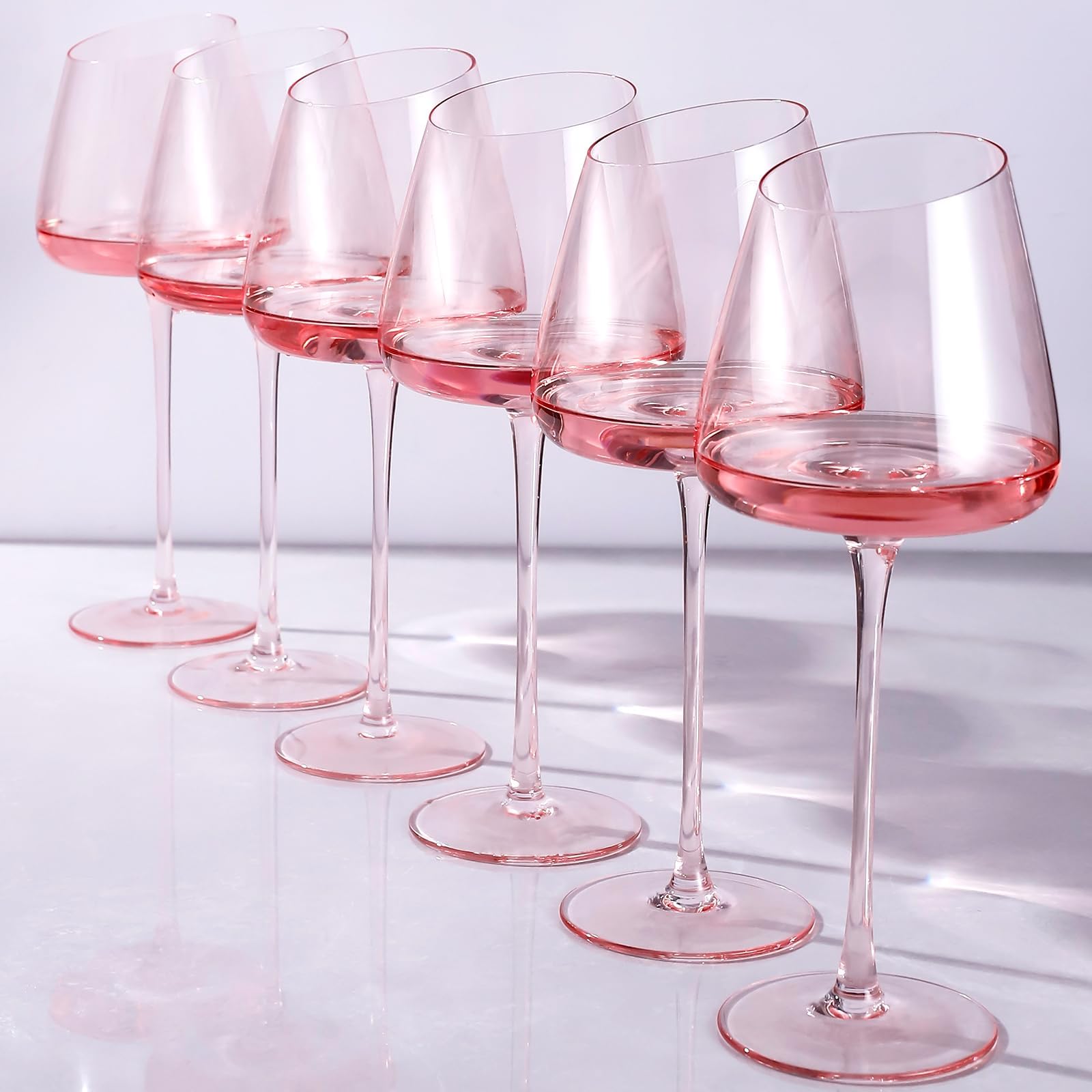 OUHT Blush Pink Wine Glasses (Set of 6) | 18oz Handcrafted - Long stemmed Crystal Wine Glasses For Red Wine | slanted rim design | Elegant Gift Box (Blush Pink)