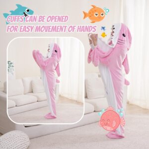 Shark Blanket for Adult Kids - Wearable Shark Blanket Hoodie,Cartoon Animals One-piece Blanket,Cute Funny Blue Shark Flannel Hoodie for Boys Girls Interesting Blanket Gifts(New Pink)-M