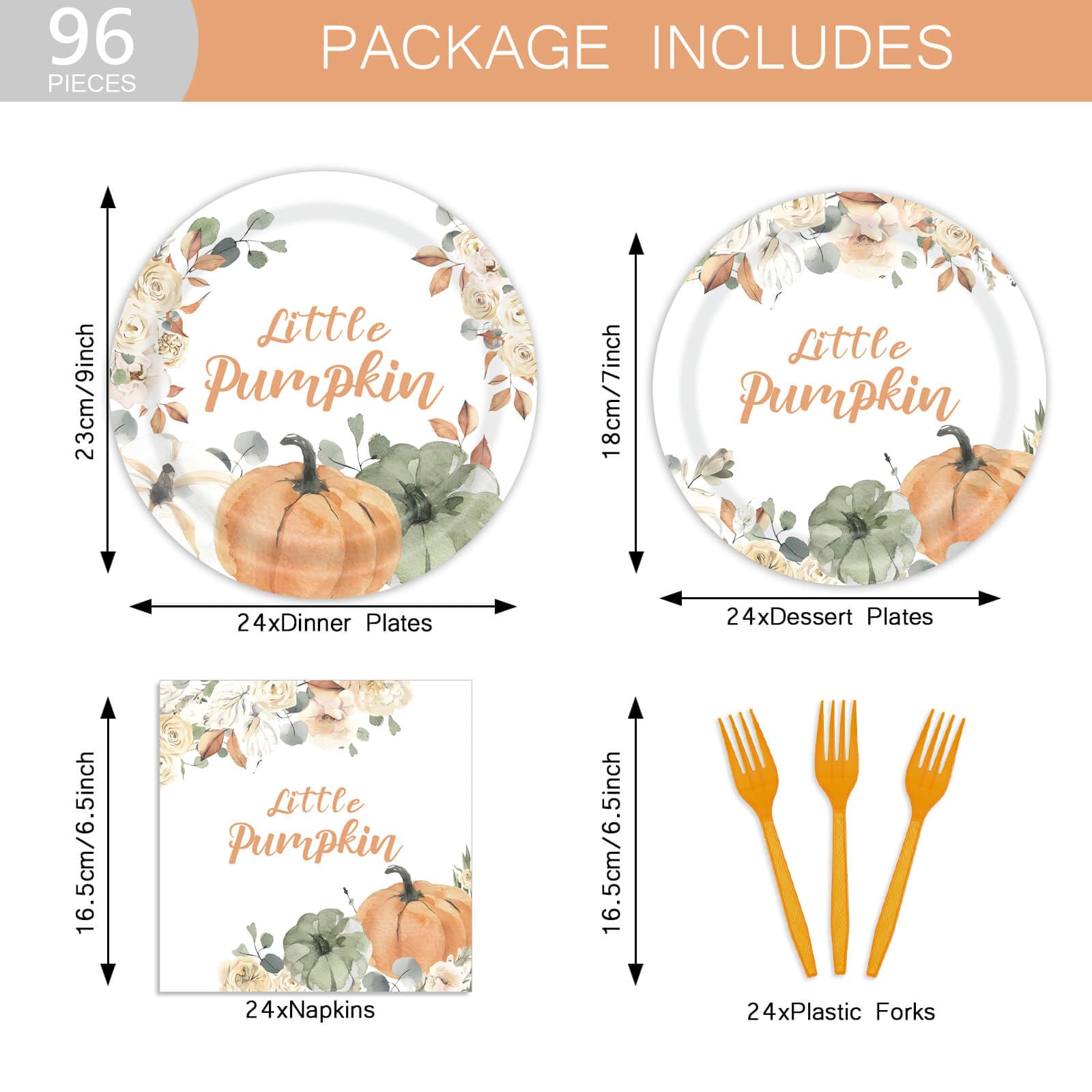 96 PCS Little Pumpkin Baby Shower Tableware Sets Party Decorations Fall Autumn Pumpkin Paper Plates Napkins Forks Pumpkin Floral Birthday Party Supplies for 24 Guests