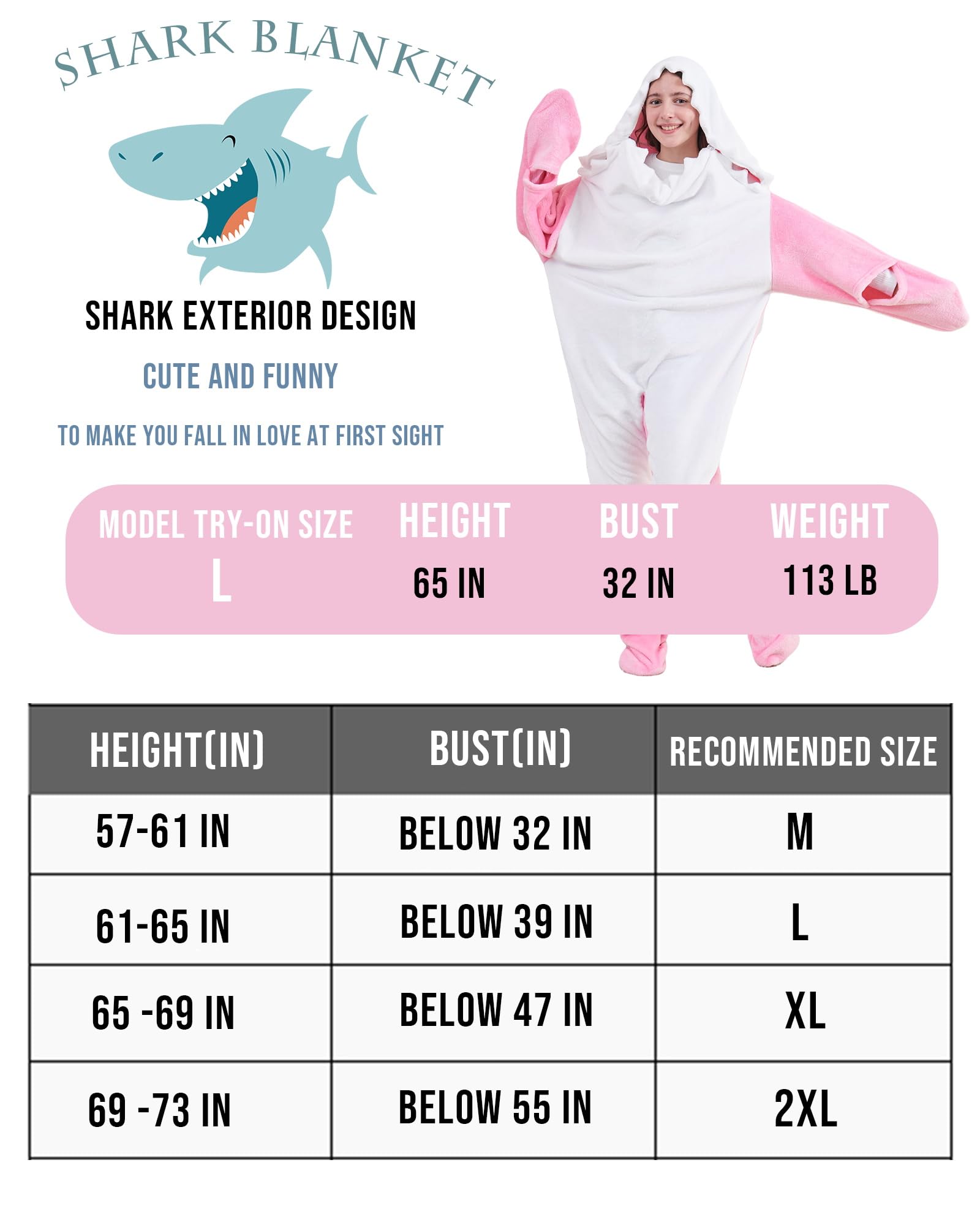 Shark Blanket for Adult Kids - Wearable Shark Blanket Hoodie,Cartoon Animals One-piece Blanket,Cute Funny Blue Shark Flannel Hoodie for Boys Girls Interesting Blanket Gifts(New Pink)-M