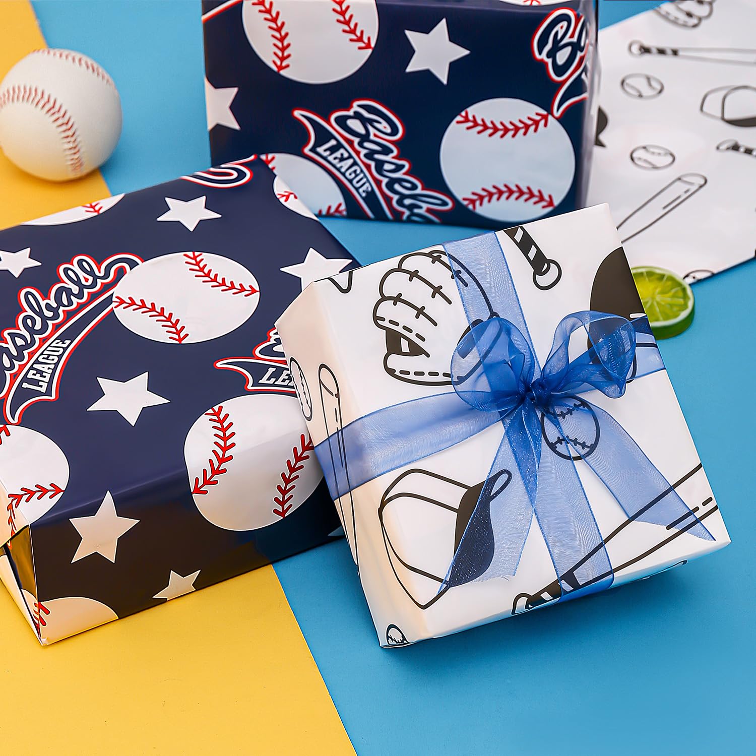 CAMKUZON Reversible Baseball Wrapping Paper for Birthday Celebration Party - 3 Large Sheets Cartoon Baseball Sports Themed Gift Wrap Paper - 27 Inch X 39.4 Inch Per Sheet