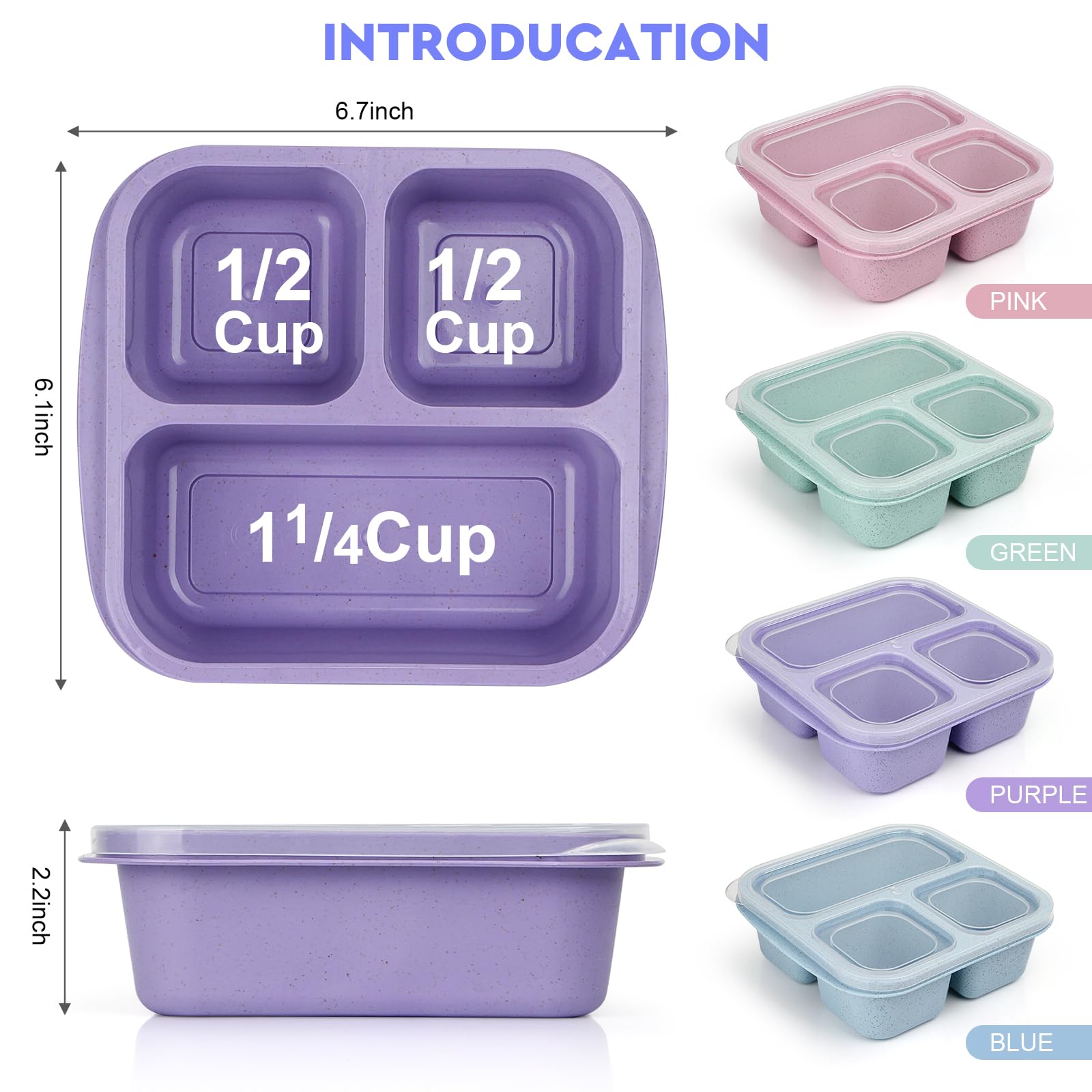 Globright Snack Box Containers 4 Pack, 3 Compartments Bento Box for Kids, Lightweight Adults Lunch Containers, Meal Prep Containers Reusable BPA Free (wheat)