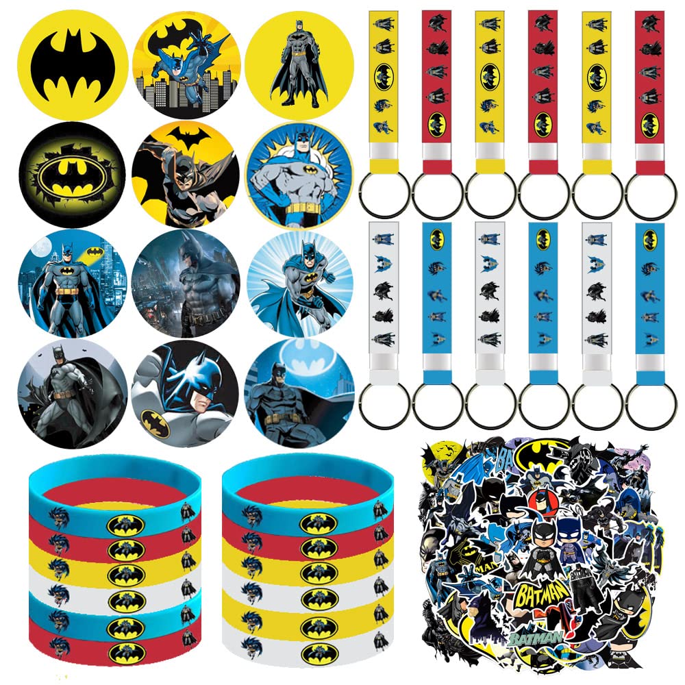 GOTOFUN Bat Party Supplies Decorations, 86 Pack Party Favors Set Include 12 Bracelets, 12 Button Pins, 12 Key Chains, 50 Stickers for bat Theme Party Gifts