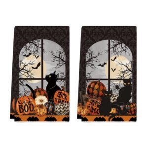 artoid mode black cat moon pumpkin halloween kitchen towels dish towels, 18x26 inch bats trick or treat decoration hand towels set of 2