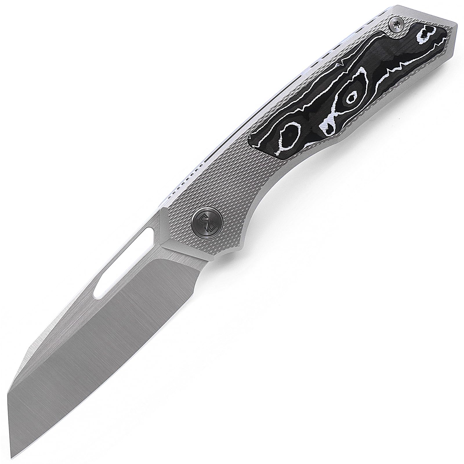 Miguron Knives M Keryx II Front Flipper Folding Knife 3.18" Hand Ground Rubbed Satin M390 Blade Titanium With Silver Carbon Fiber Inlay Handle Pocket Knife MGR-605CSRII