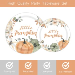 96 PCS Little Pumpkin Baby Shower Tableware Sets Party Decorations Fall Autumn Pumpkin Paper Plates Napkins Forks Pumpkin Floral Birthday Party Supplies for 24 Guests