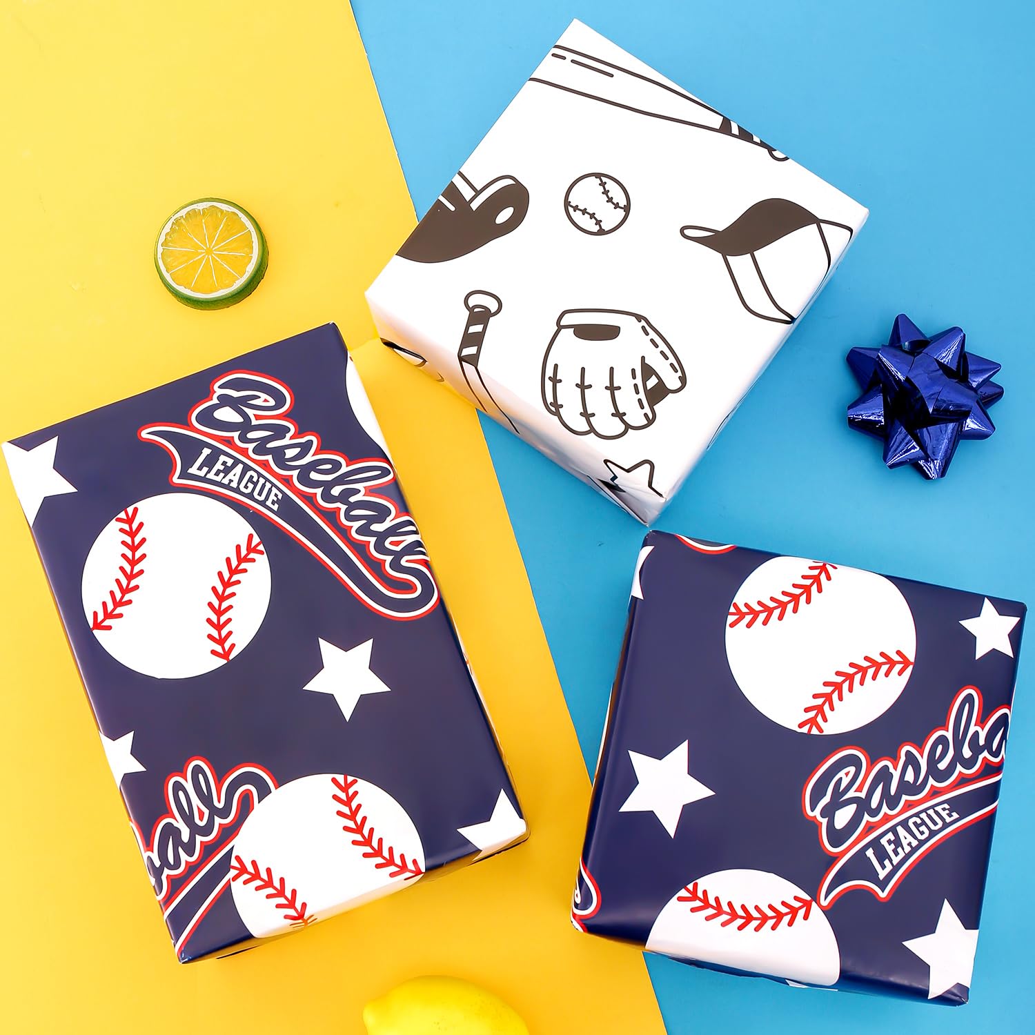 CAMKUZON Reversible Baseball Wrapping Paper for Birthday Celebration Party - 3 Large Sheets Cartoon Baseball Sports Themed Gift Wrap Paper - 27 Inch X 39.4 Inch Per Sheet