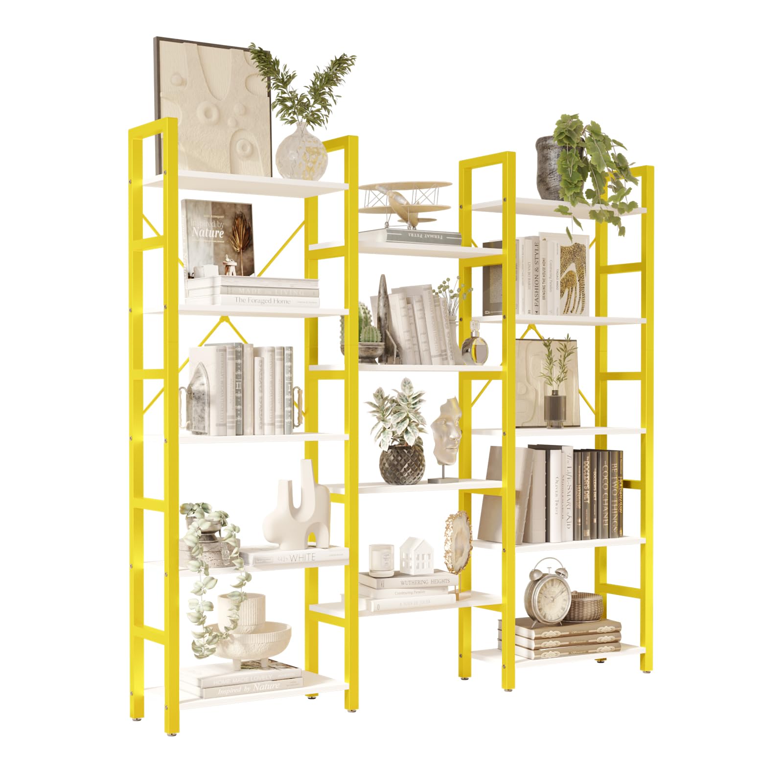 Breezestival 5 Shelf Bookcase, Corner Bookshelf Industrial Bookshelves, Wide Book Shelf with Metal Frame Open Storage Corner Cabinet for Living Room Home Office, Display Storage Rack, Golden