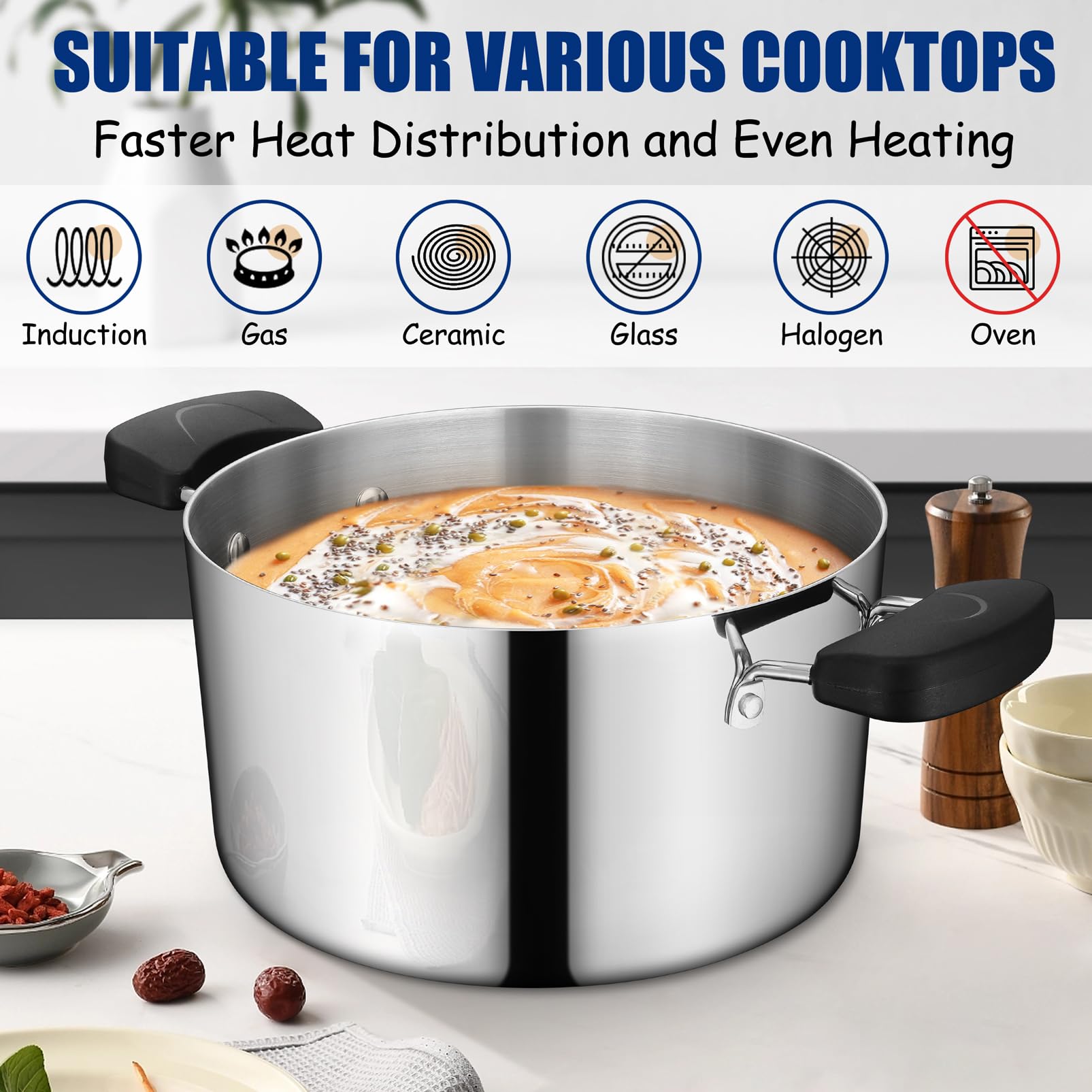 TeamFar 5 Quart Stock Pot, Stainless Steel Tri-ply Stockpot Cooking Pasta Soup Pot with Lid for Induction Gas Electric, Non-toxic & Heavy Duty, Heat Resistant Handles & Dishwasher Safe