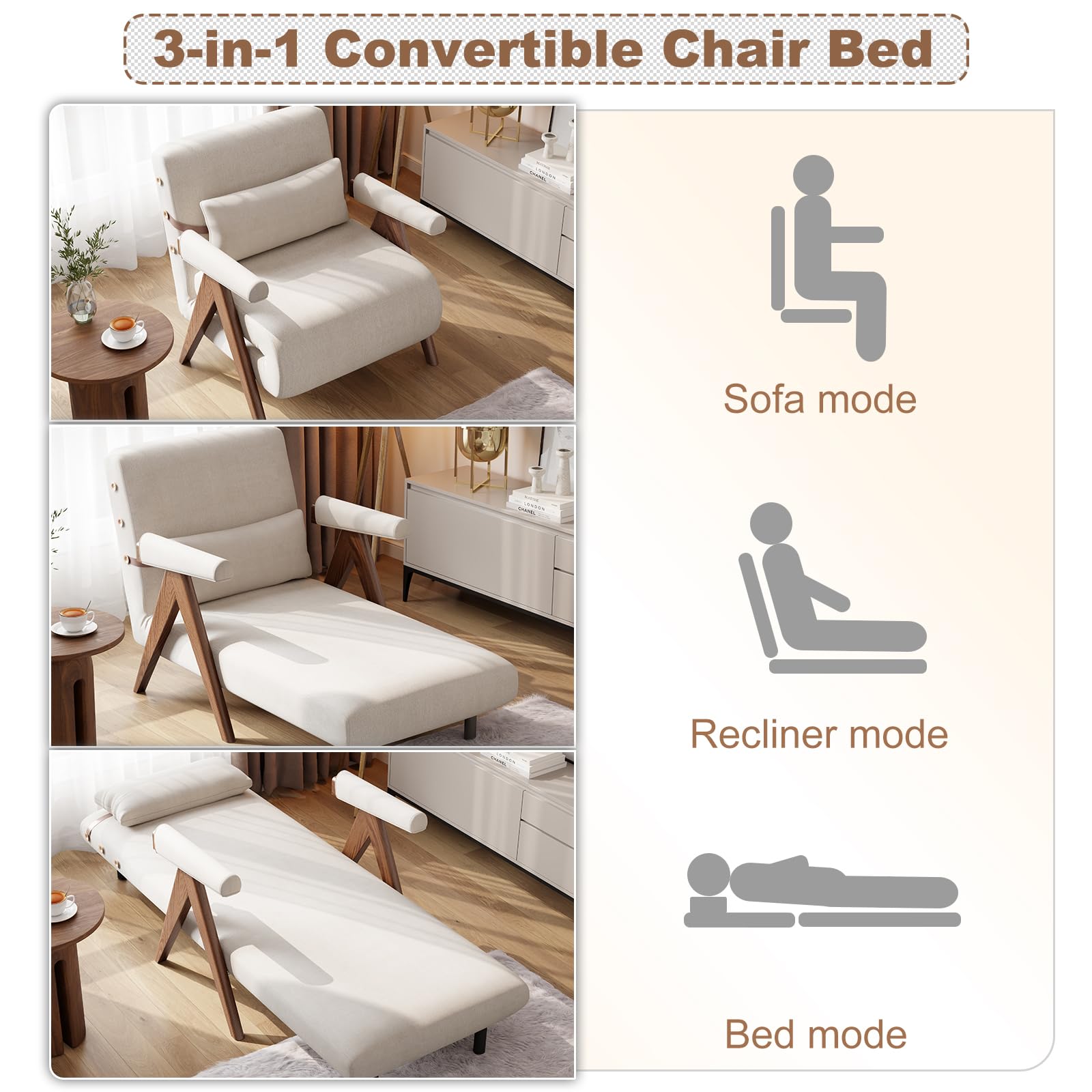 AQIMUELE Convertible Sleeper Chair Bed, 3-in-1 Sofa Bed Chair for Adults with Adjustable Backrest, Fold Out Chair Bed for Living Room/Bedroom/Office, White