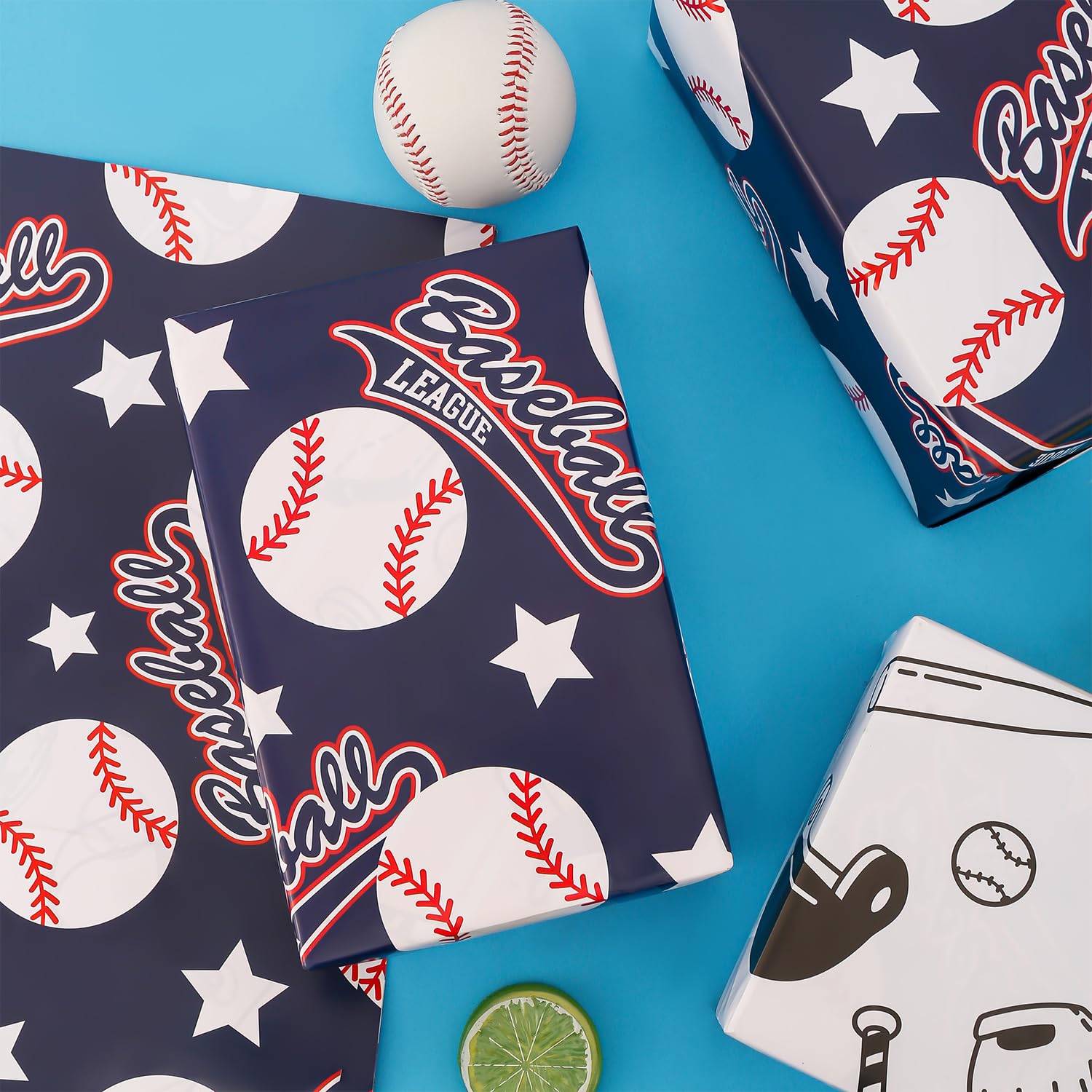 CAMKUZON Reversible Baseball Wrapping Paper for Birthday Celebration Party - 3 Large Sheets Cartoon Baseball Sports Themed Gift Wrap Paper - 27 Inch X 39.4 Inch Per Sheet