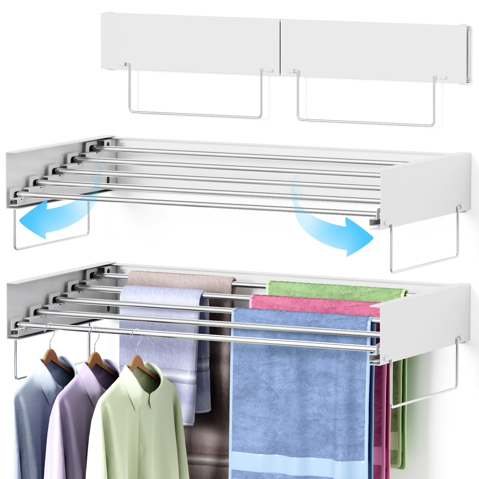 Wall Mounted Drying Rack, Laundry Clothes Drying Rack Foldable, Collapsible Drying Rack Clothing Wall Mount with 2 Towel Handles and Wall Template for Indoor Outdoor Hanging Clothes, 5 Rods, 31.5 Inch