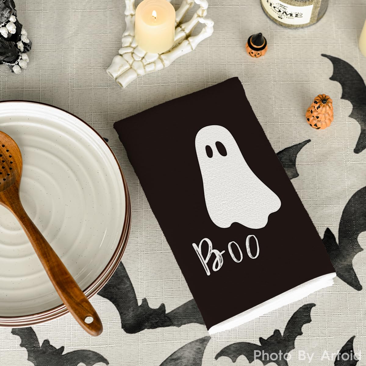 Artoid Mode Black Stripes Ghost Boo Halloween Kitchen Towels Dish Towels, 18x26 Inch Trick Or Treat Decoration Hand Towels Set of 2