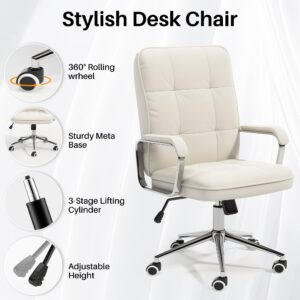 HomeZeer Home Office Desk Chair, Swivel Computer Desk Chair with Wheels and Padded Arms, Soft Leather, Adjustable Height and Tilt (White)