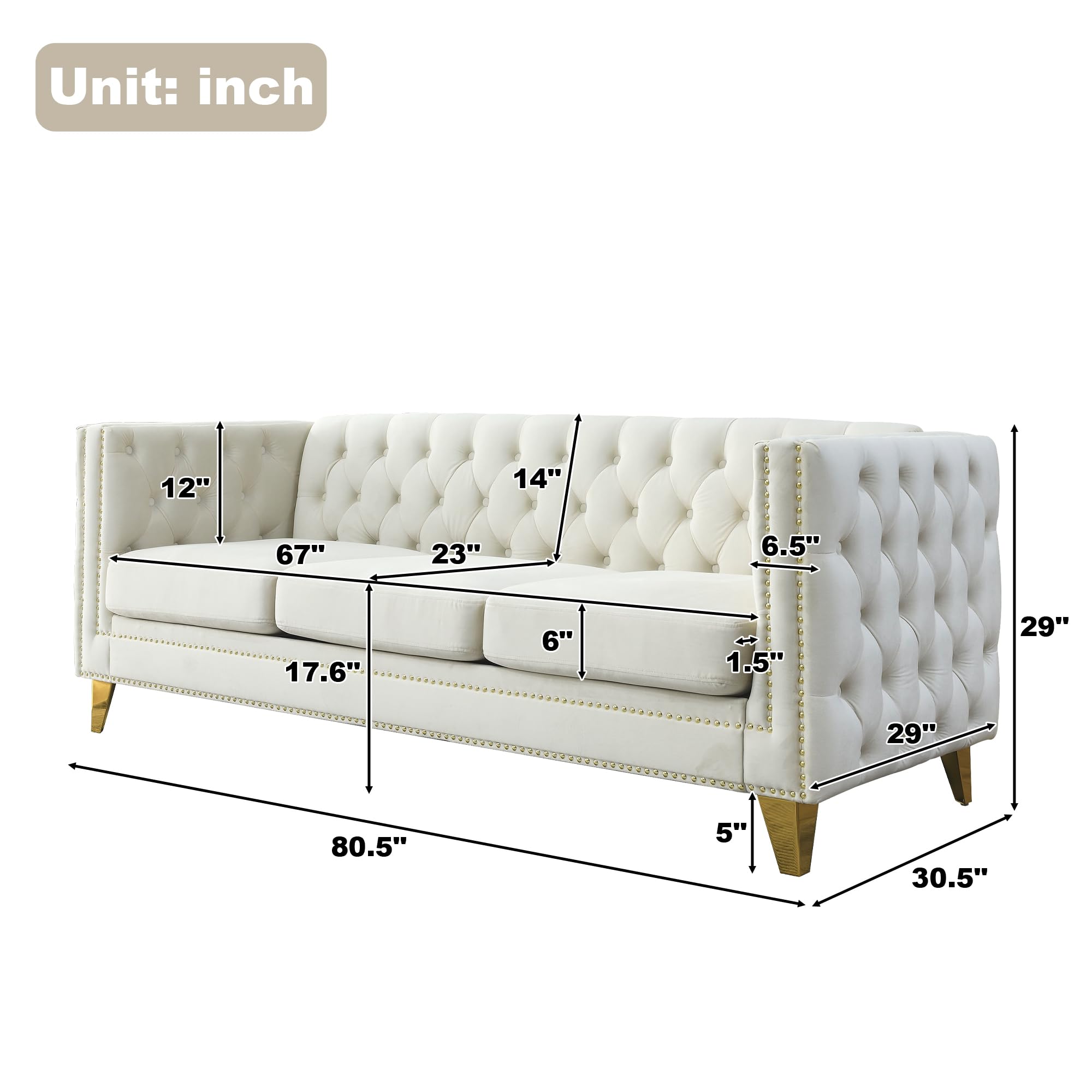 BUIORD Modern 81" 3-Seater Velvet Sofa,Buttons Tufted and Square Arm,Inlaid Gold Nail Heads and 4 Golden Metal Legs for Living Room (Beige, 81" 3-Seater Sofa)