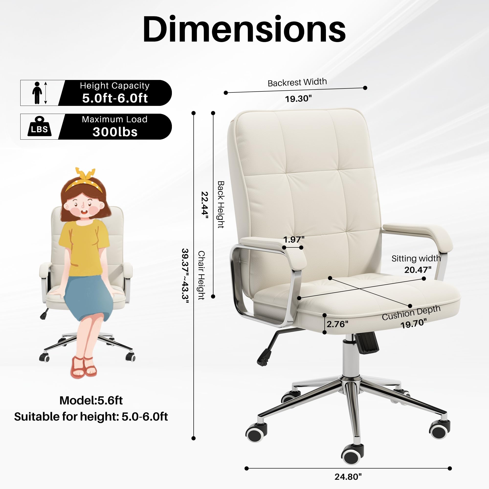 HomeZeer Home Office Desk Chair, Swivel Computer Desk Chair with Wheels and Padded Arms, Soft Leather, Adjustable Height and Tilt (White)