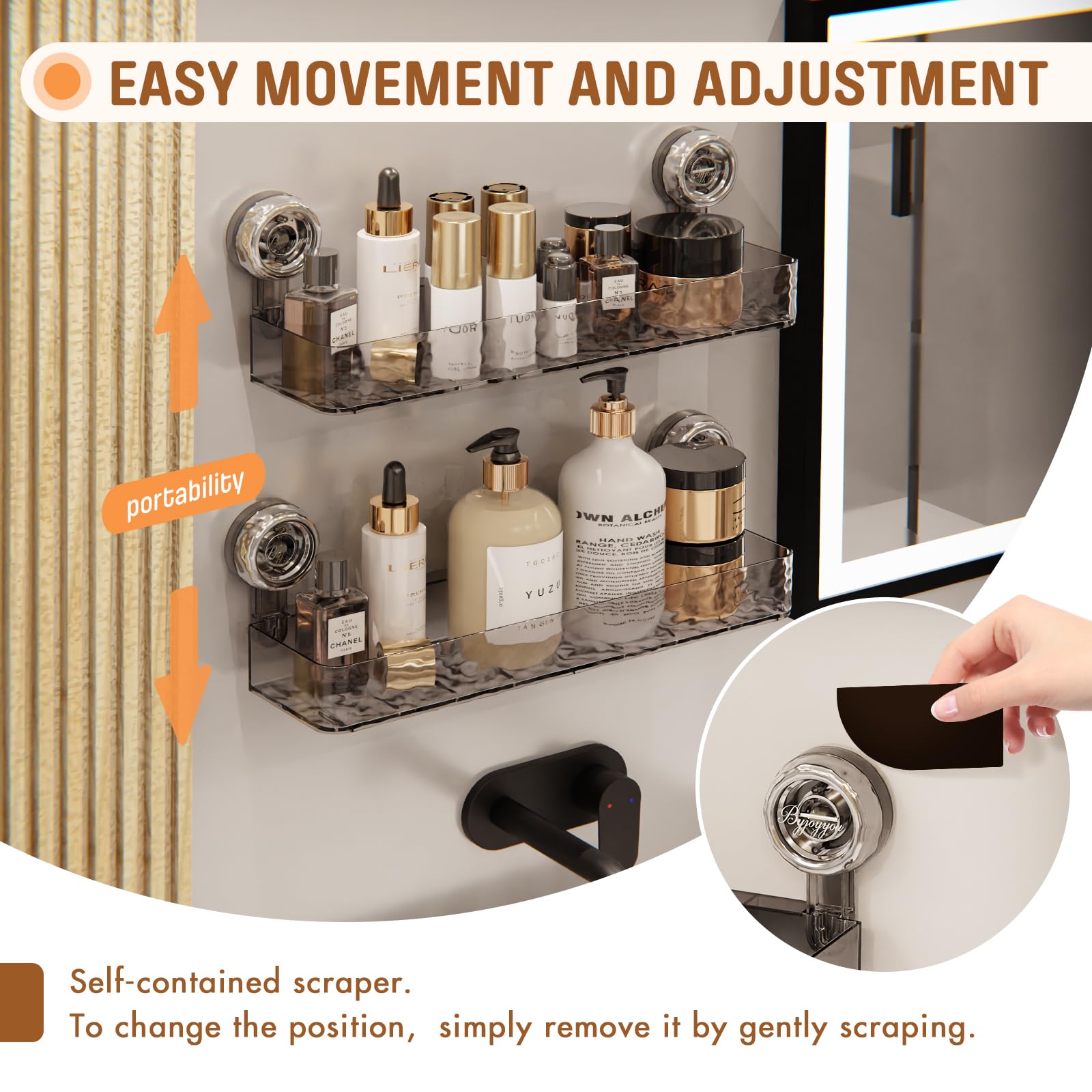 MEIGESI Acrylic Clear Suction Cup Shower Caddy, Detachable Wall-Mounted Storage Rack, No-Drill Shower Organizer, Removable Storage Rack for Bathroom/Kitchen/Bedroom, Gray Silver, 2 Pack