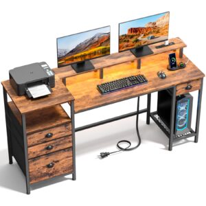 furologee computer desk with 4 drawers, 60" office long desk with fabric file cabinet and power outlets, gaming desk with led lights, study writing work desk for home office, rustic brown