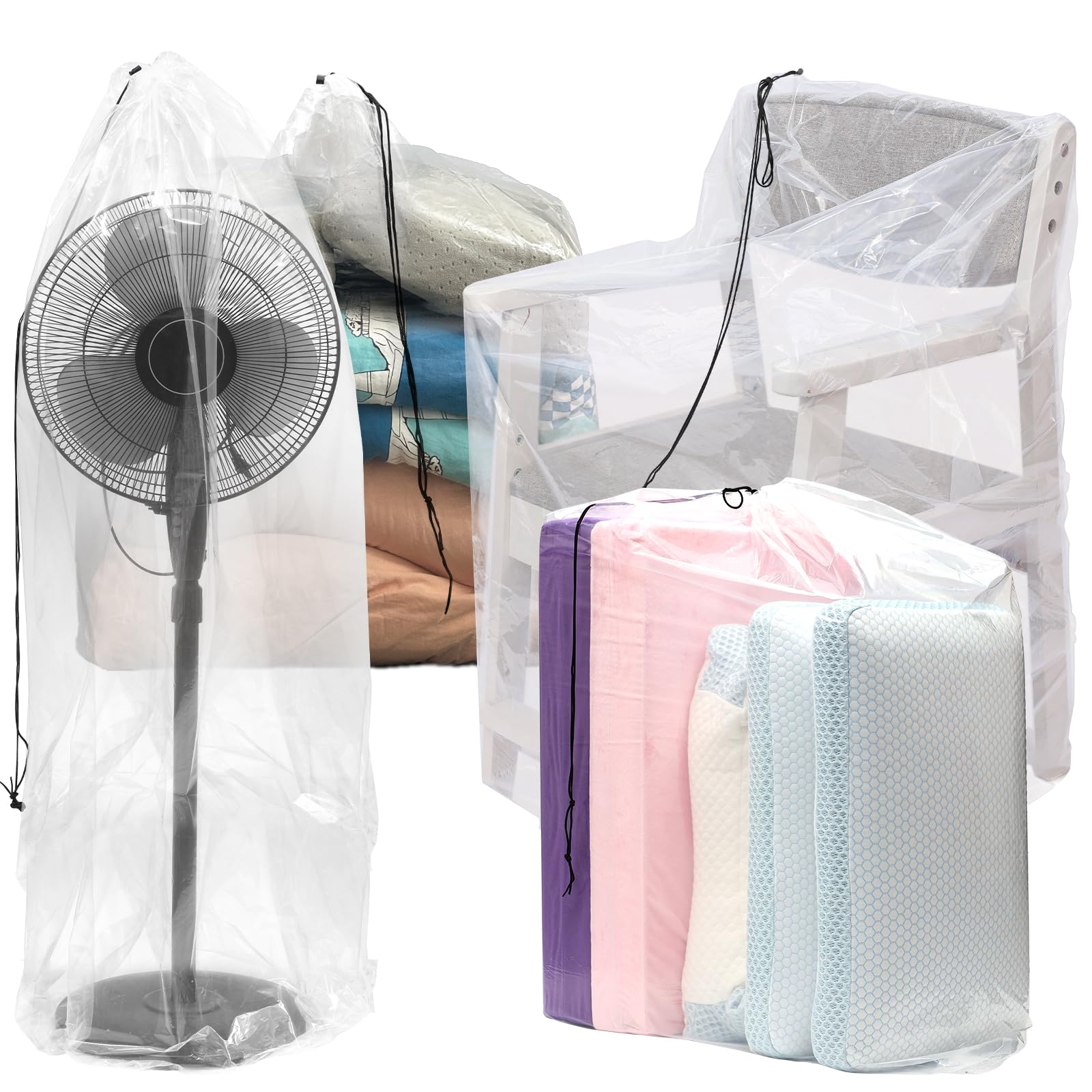 8 Pack Extra Large Clear Drawstring Plastic Bags, 2 Sizes Big Jumbo Storage Bags 40x60 Inches and 27.5x40 Inches, Plastic Bags for Luggage, Suitcase, Furniture and Kids Bike Dust Covers Reusable