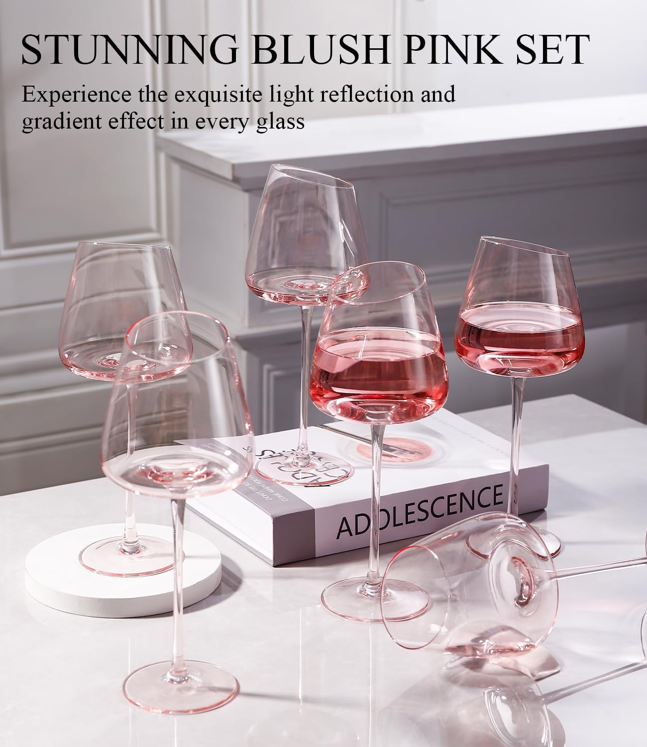 OUHT Blush Pink Wine Glasses (Set of 6) | 18oz Handcrafted - Long stemmed Crystal Wine Glasses For Red Wine | slanted rim design | Elegant Gift Box (Blush Pink)