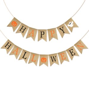 gcqq happy halloween banner, prestrung halloween banner burlap, ghost burlap bannner, black and orange halloween banner sign, burlap halloween banner for fireplace, mantle, doorway halloween party