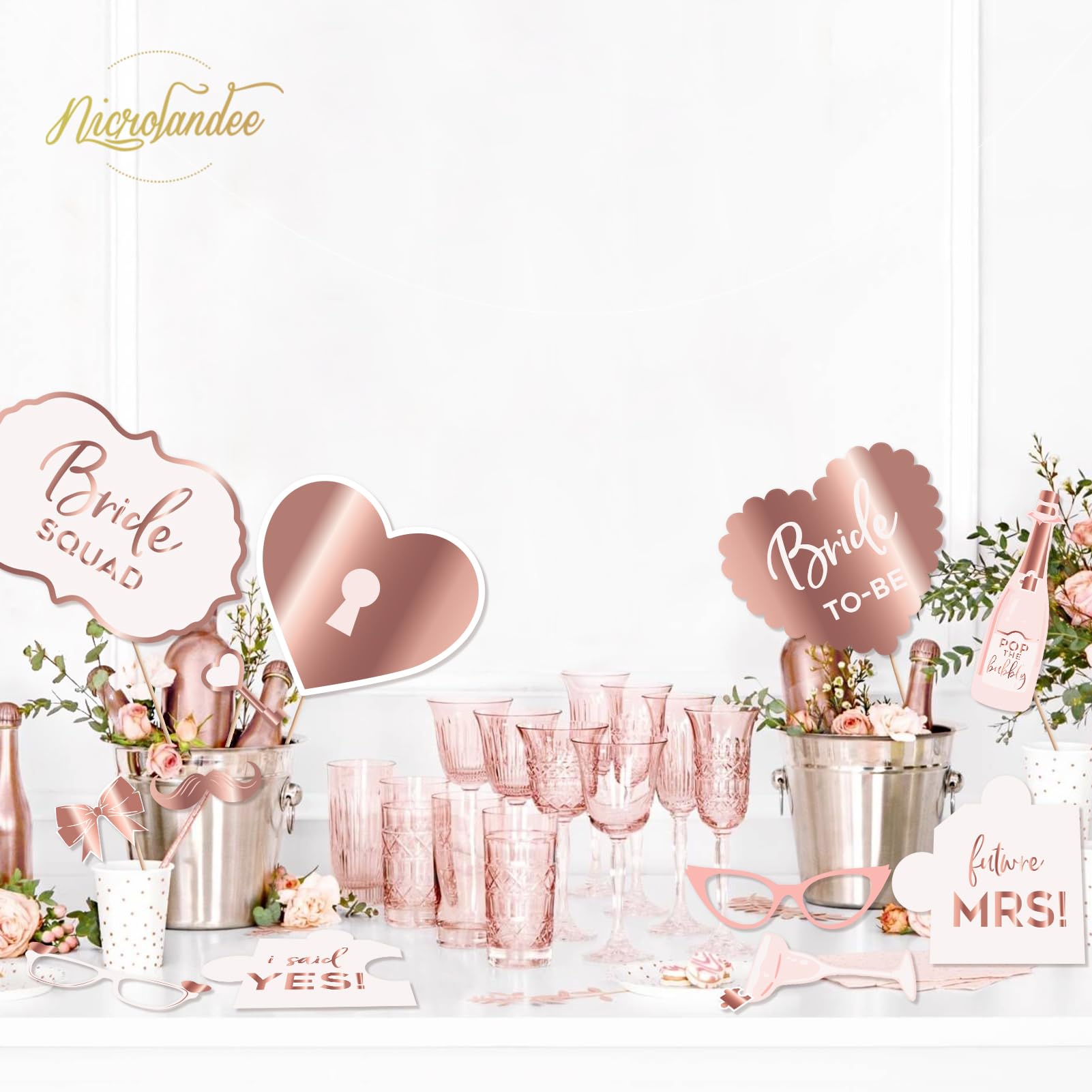 NICROLANDEE Wedding Photo Props Kit, 12 PCS Rose Gold Engagement Photo Props Accessories with Bamboo Sticks for Bride to Be Night Party, Fall Bridal Shower Wedding Favour Party Decorations